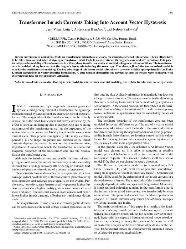 (PDF) Transformer Inrush Currents Taking Into Account Vector Hysteresis