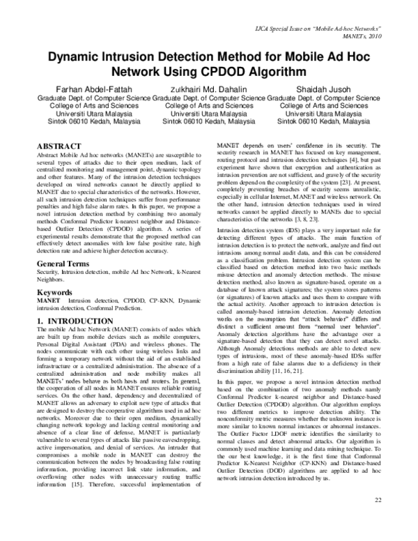 (PDF) Dynamic intrusion detection method for mobile ad hoc network using cpdod algorithm