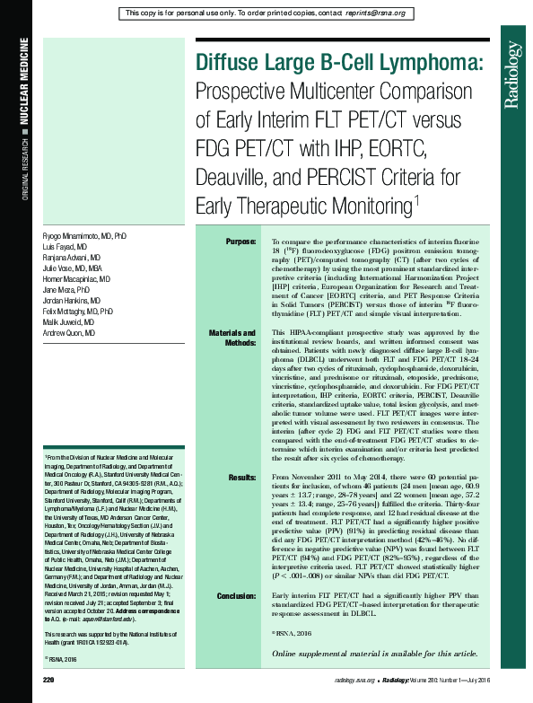 (PDF) Diffuse Large B-Cell Lymphoma: Prospective Multicenter Comparison of Early Interim FLT PET ...