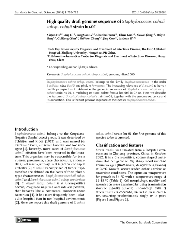 (PDF) High quality draft genome sequence of Staphylococcus cohnii subsp ...