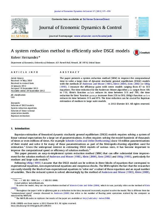 (PDF) A system reduction method to efficiently solve DSGE models