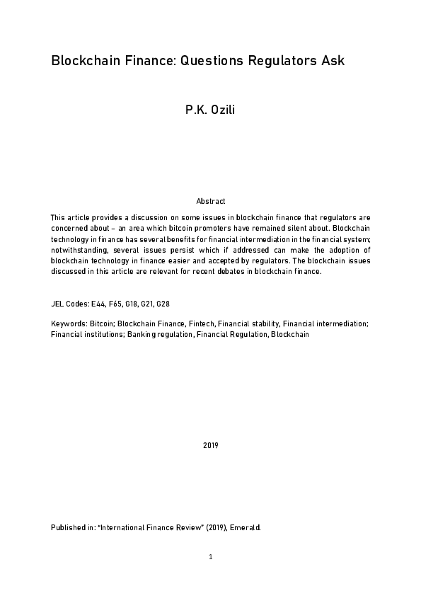 (PDF) Blockchain Finance: Questions Regulators Ask