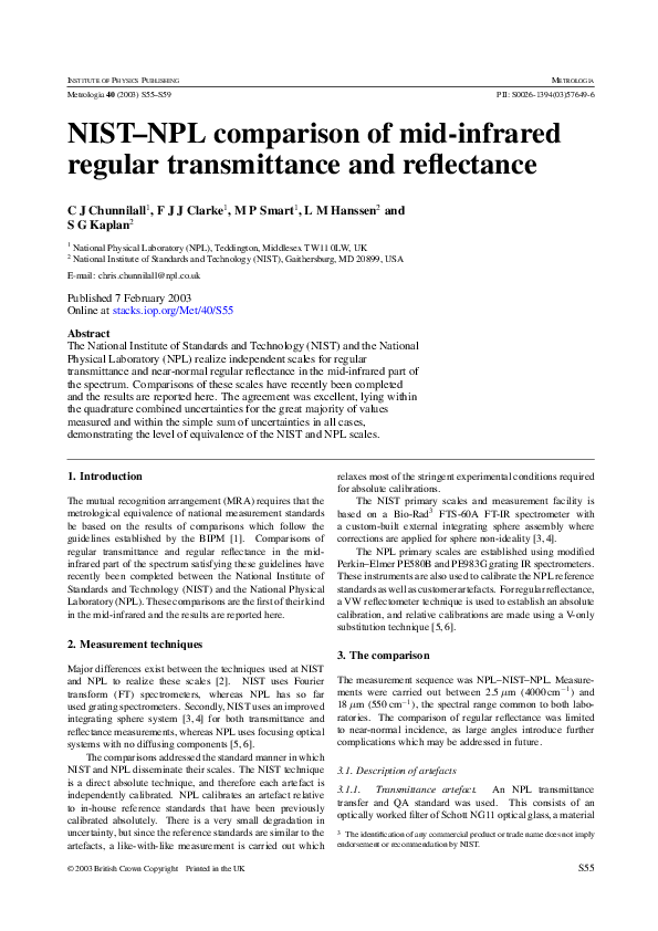 (PDF) NIST NPL comparison of mid-infrared regular transmittance and ...