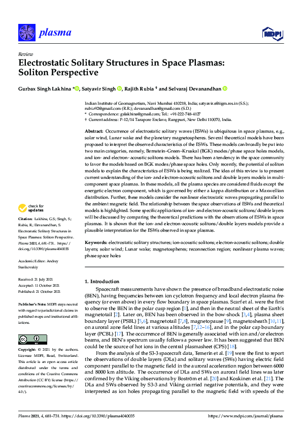 Pdf Electrostatic Solitary Structures In Space Plasmas Soliton Perspective