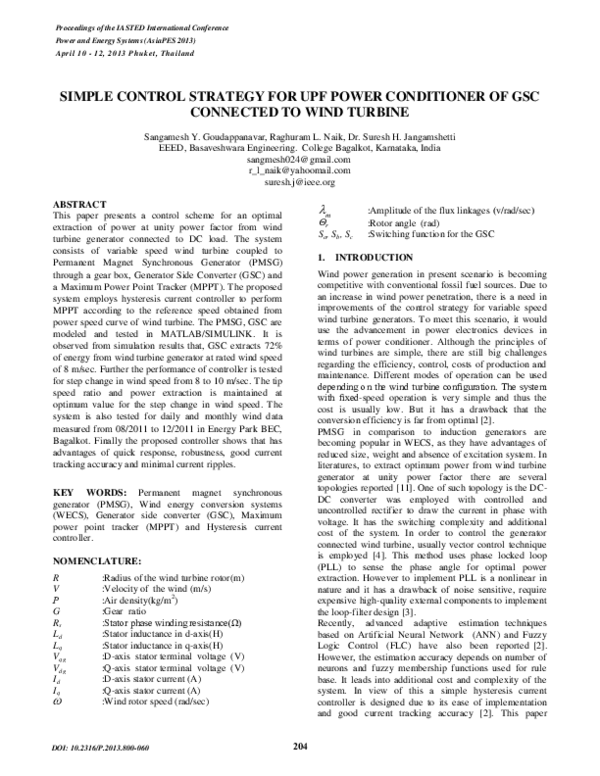 (PDF) Simple Control Strategy for UPF Power Conditioner of GSC connected to Wind Turbine