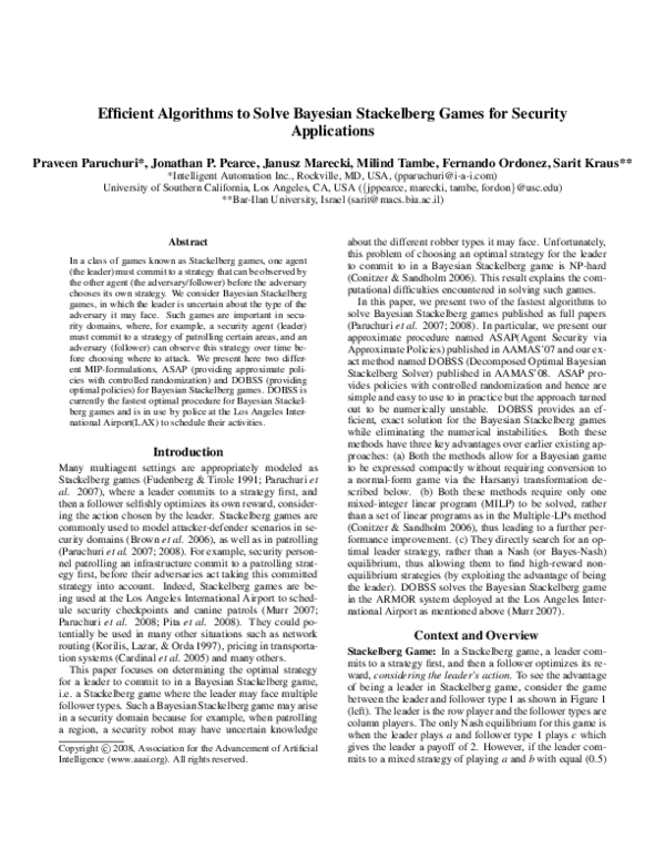 (PDF) Efficient algorithms to solve bayesian stackelberg games for ...
