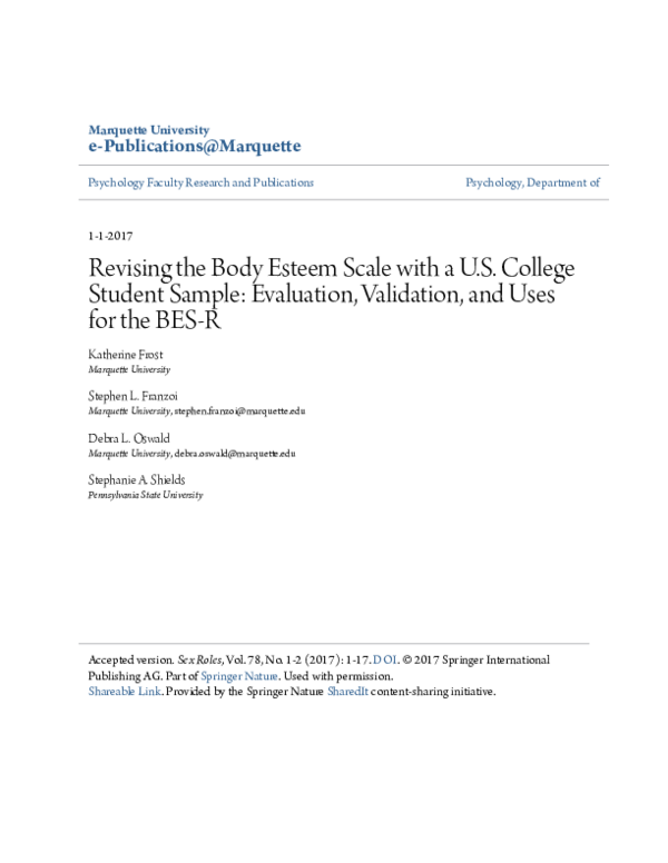 (PDF) Revising the Body Esteem Scale with a U.S. College Student Sample ...