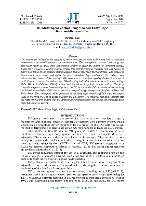 (PDF) DC Motor Speed Control Using Mamdani Fuzzy Logic Based on Microcontroller