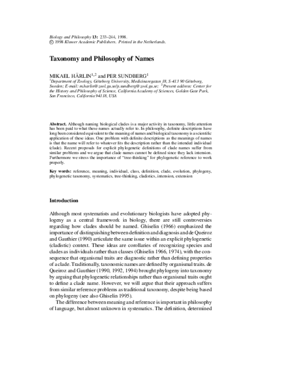 (PDF) Taxonomy and Philosophy of Names