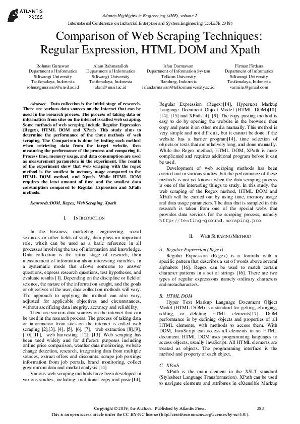(PDF) Comparison of Web Scraping Techniques : Regular Expression, HTML DOM and Xpath