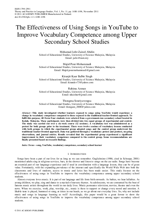 (PDF) The Effectiveness of Using Songs in YouTube to Improve Vocabulary ...