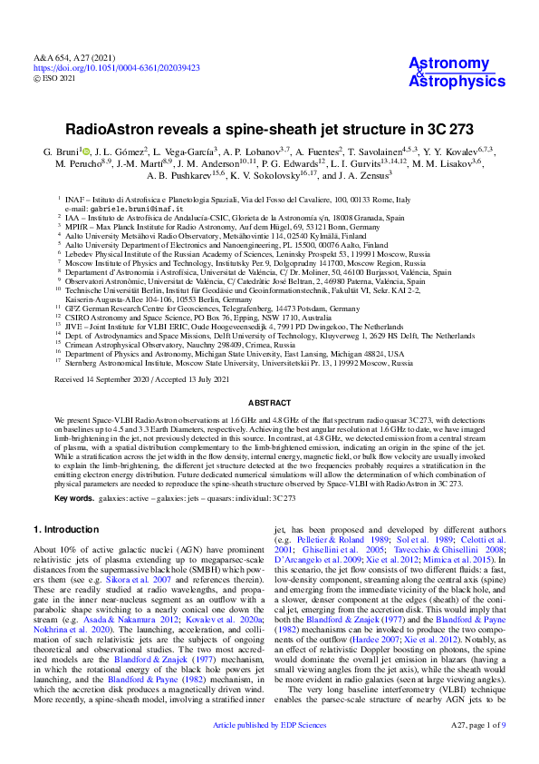 (PDF) RadioAstron reveals a spine-sheath jet structure in 3C 273