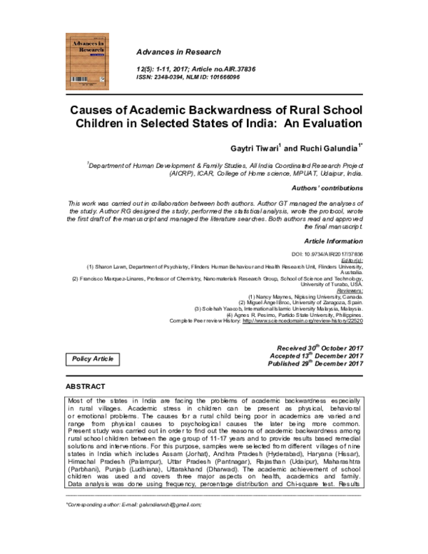 (PDF) Causes of Academic Backwardness of Rural School Children in ...