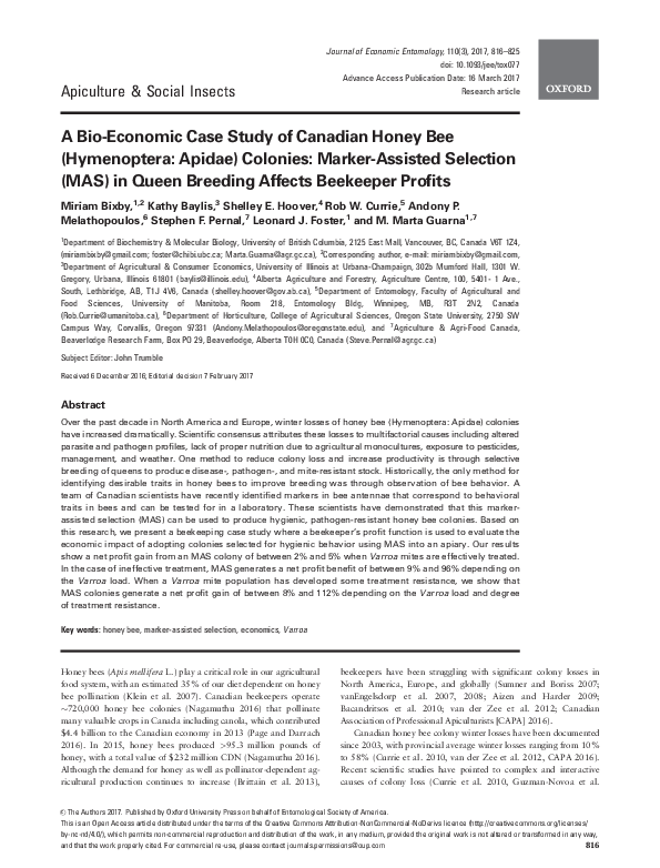 (PDF) A Bio-Economic Case Study of Canadian Honey Bee (Hymenoptera: Apidae) Colonies: Marker ...