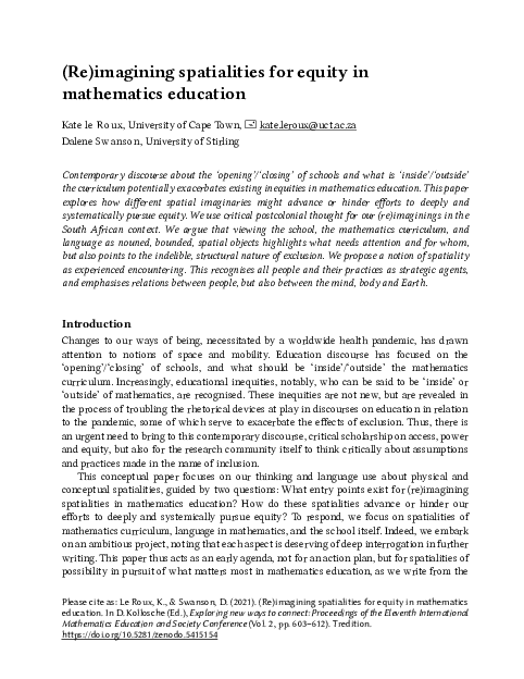 (PDF) (Re)imagining spatialities for equity in mathematics education