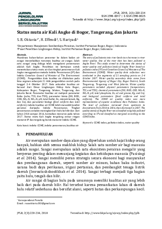 (PDF) Status mutu air Kali Angke di Bogor, Tangerang, dan Jakarta