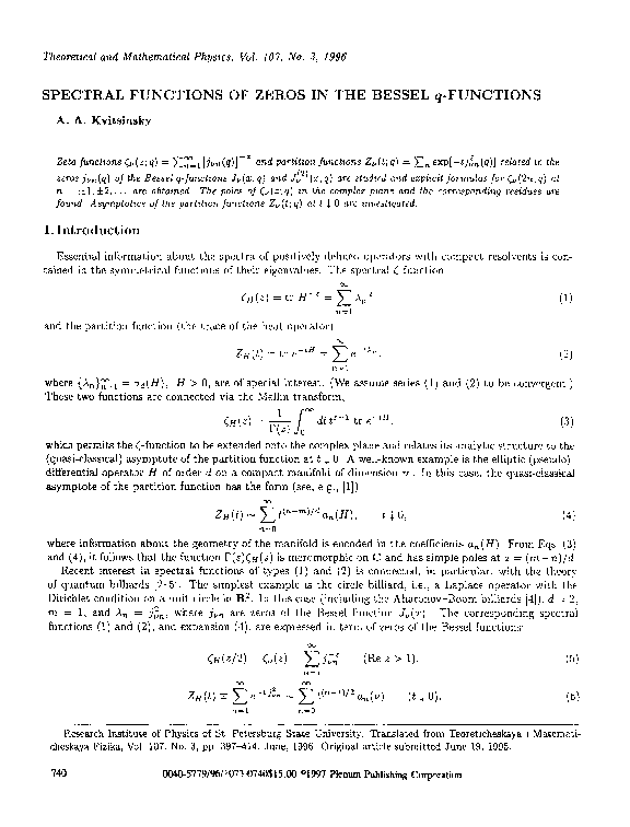 (PDF) Spectral functions of zeros in the Bessel q -functions