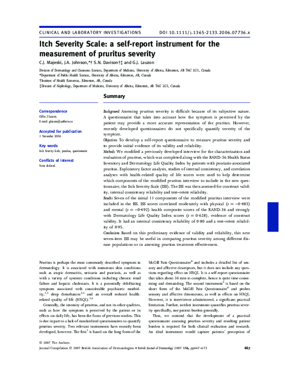 (PDF) Itch Severity Scale: a self-report instrument for the measurement ...