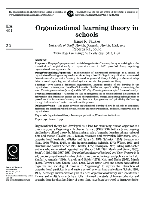 (PDF) Organizational learning theory in schools