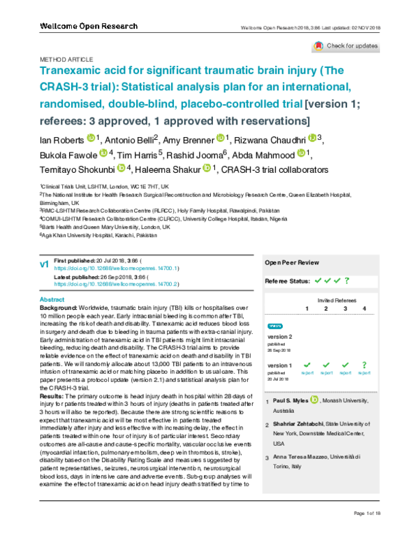 (PDF) Tranexamic acid for significant traumatic brain injury (The CRASH ...