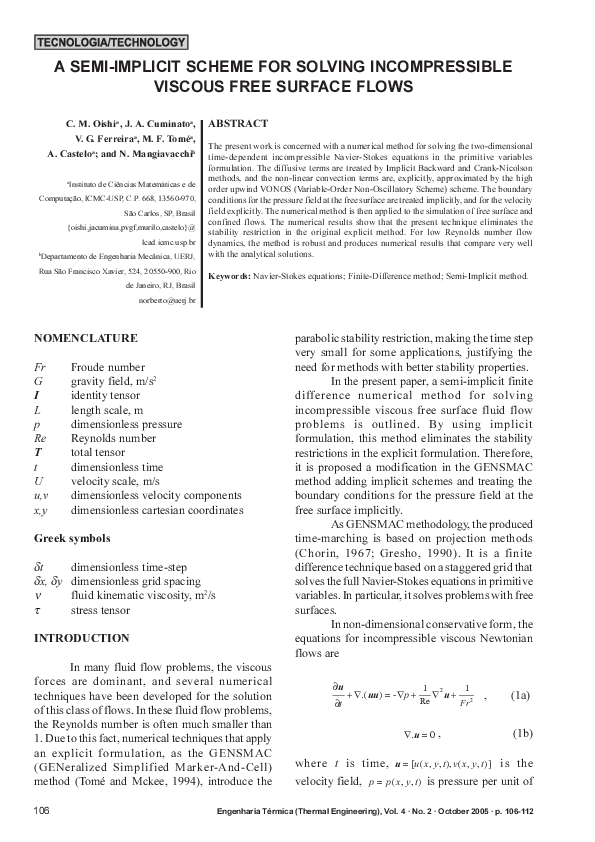 (PDF) A Semi-Implicit Scheme for Solving Incompressible Viscous Free Surface Flows