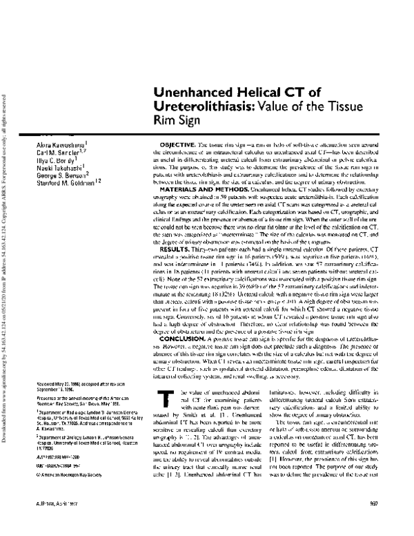 (PDF) Unenhanced helical CT of ureterolithiasis: value of the tissue ...