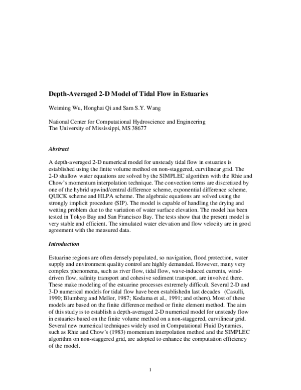 (PDF) Depth‐Averaged 2‐D Model of Tidal Flow in Estuaries | Honghai Qi - Academia.edu