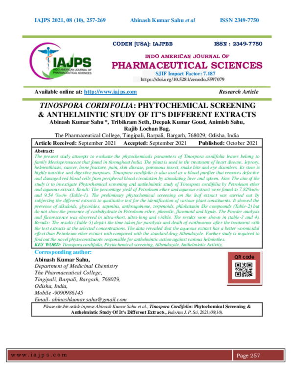 (PDF) TINOSPORA CORDIFOLIA: PHYTOCHEMICAL SCREENING & ANTHELMINTIC STUDY OF IT'S DIFFERENT EXTRACTS