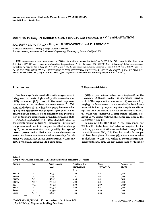 (PDF) Defects in SiO2 in buried-oxide structures formed by O+ implantation