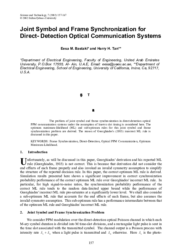 (PDF) Joint Symbol and Frame Synchronization for Direct-Detection Optical Communication Systems