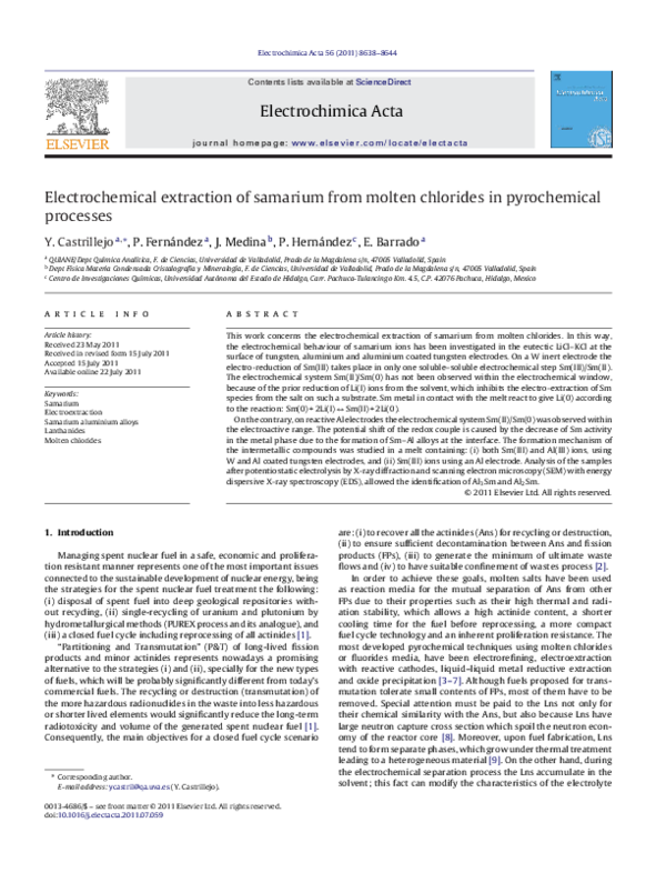 (PDF) Electrochemical extraction of samarium from molten chlorides in ...