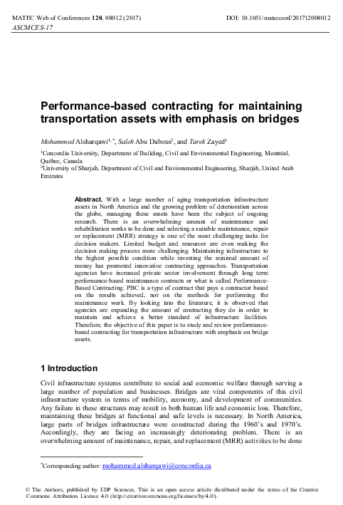 (PDF) Performance-based contracting for maintaining transportation assets with emphasis on bridges