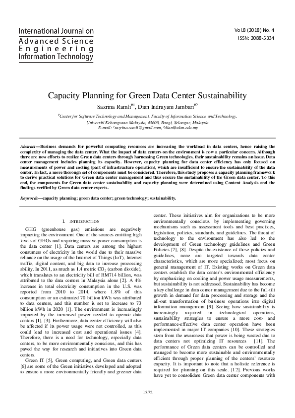 (PDF) Capacity Planning for Green Data Center Sustainability