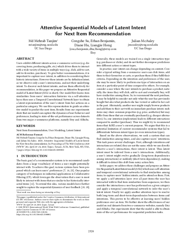 (PDF) Attentive Sequential Models of Latent Intent for Next Item Recommendation