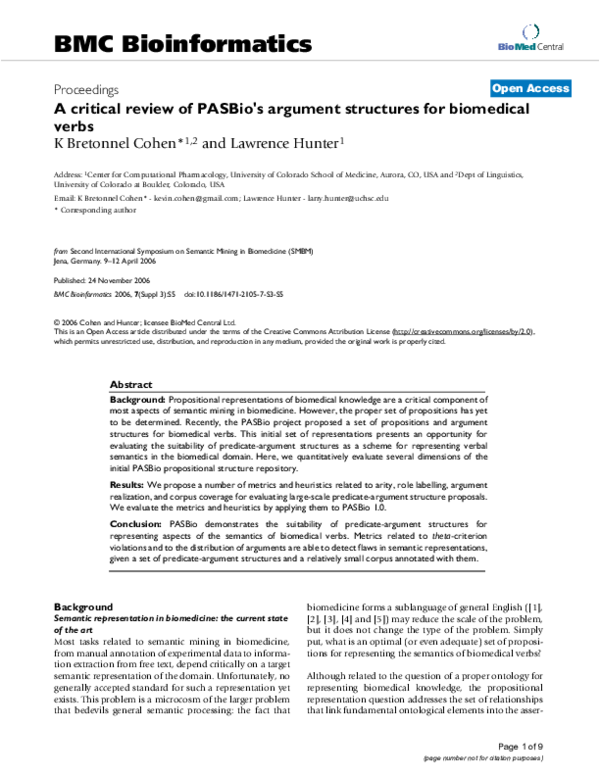 (PDF) A critical review of PASBio's argument structures for biomedical verbs