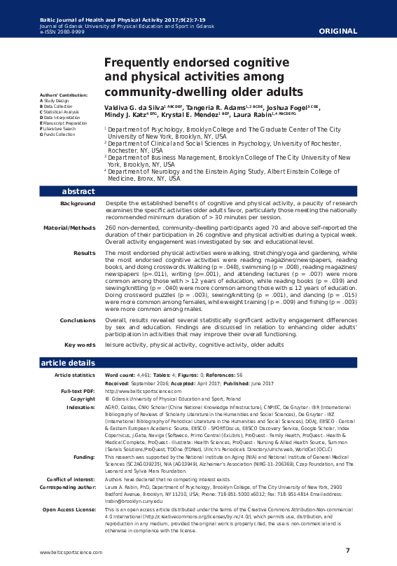 (PDF) Frequently endorsed cognitive and physical activities among community-dwelling older adults