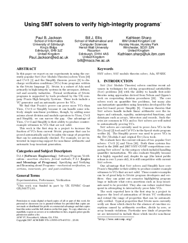 (PDF) Using SMT solvers to verify high-integrity programs