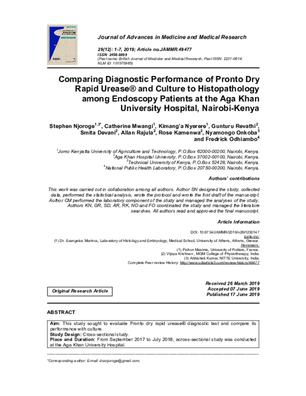(PDF) Comparing Diagnostic Performance of Pronto Dry Rapid Urease® and ...