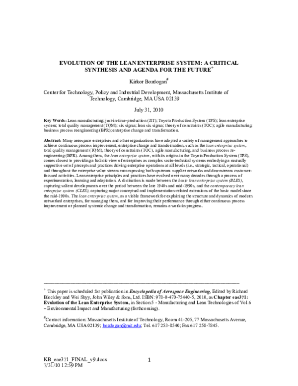 (PDF) Evolution of the Lean Enterprise System: A Critical Synthesis and ...