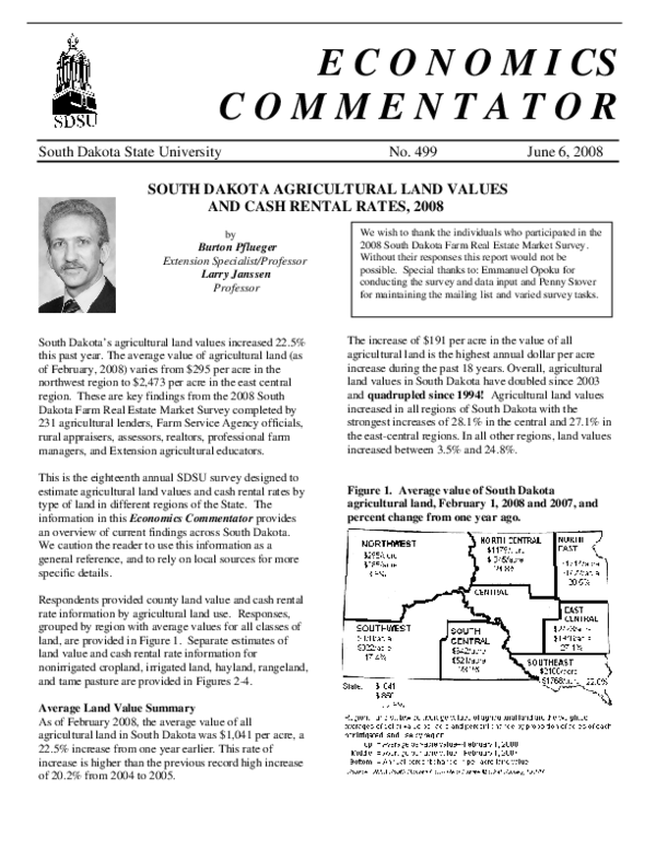(PDF) South Dakota Agricultural Land Values and Cash Rental Rates, 2008