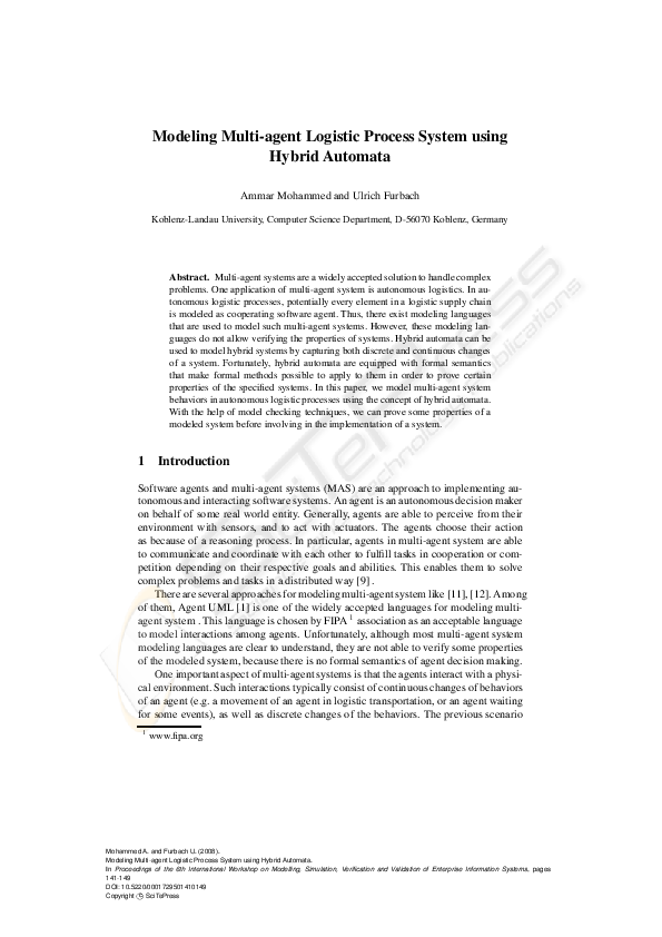 (PDF) Modeling Multi-Agent Logistic Process System Using Hybrid Automata