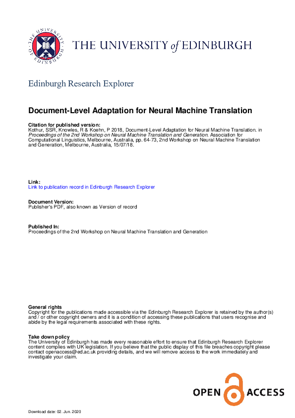 (PDF) Document-Level Adaptation for Neural Machine Translation