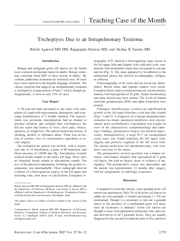 (PDF) Trichoptysis due to an intrapulmonary teratoma