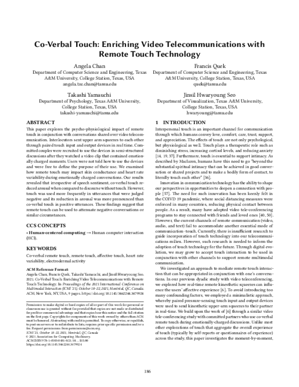 (PDF) Co-Verbal Touch: Enriching Video Telecommunications with Remote ...