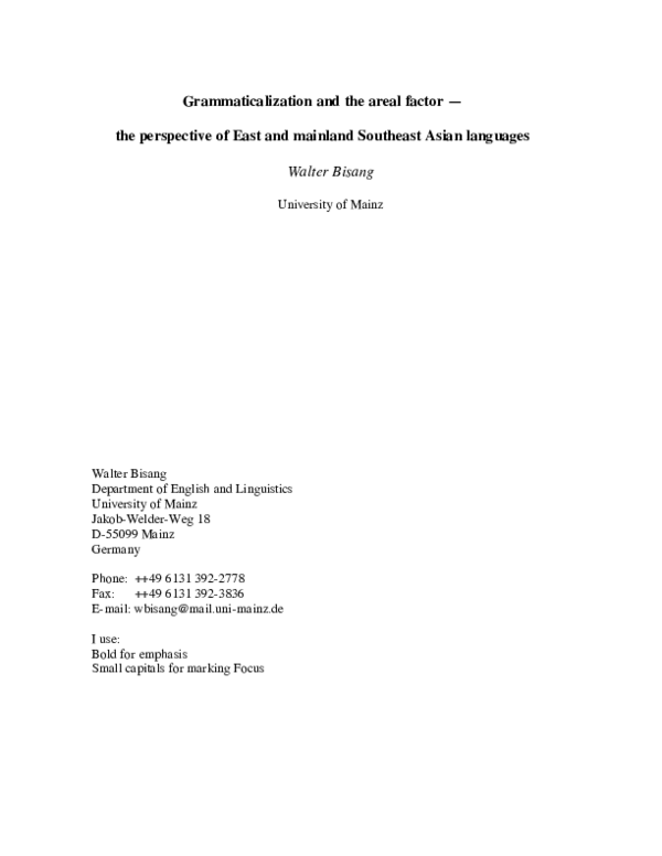 (PDF) Grammaticalization and the areal factor: The perspective of East and mainland Southeast ...