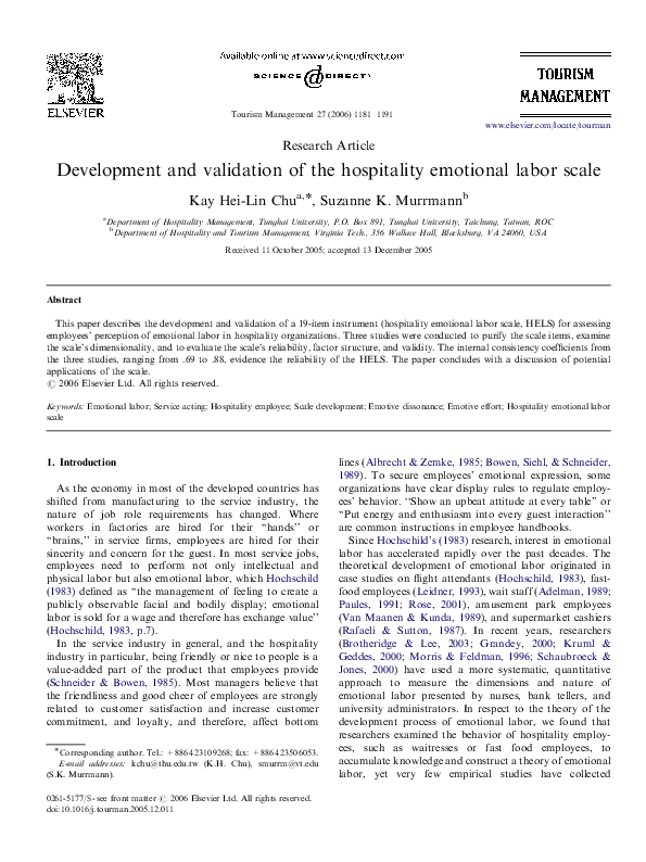 (PDF) Development and validation of the hospitality emotional labor scale