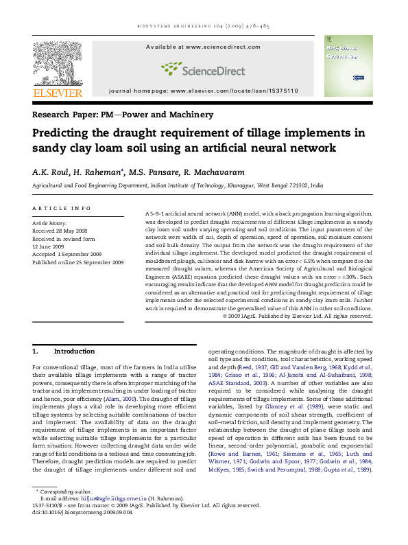 (PDF) Predicting the draught requirement of tillage implements in sandy clay loam soil using an ...