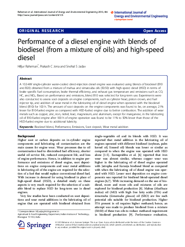 (PDF) Performance of a diesel engine with blends of biodiesel (from a ...