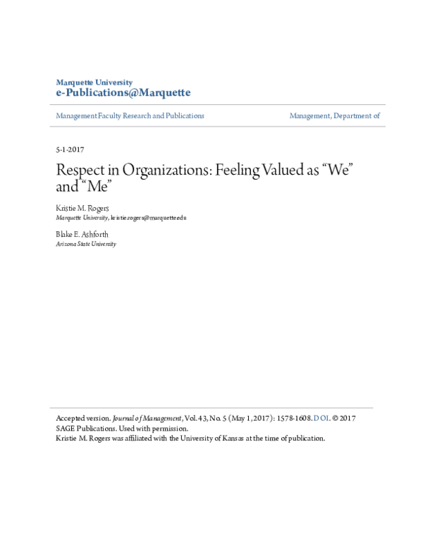 (PDF) Respect in Organizations: Feeling Valued as "We" and "Me | Blake ...