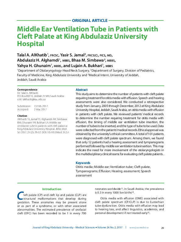 (PDF) Middle Ear Ventilation Tube in Patients with Cleft Palate at King ...